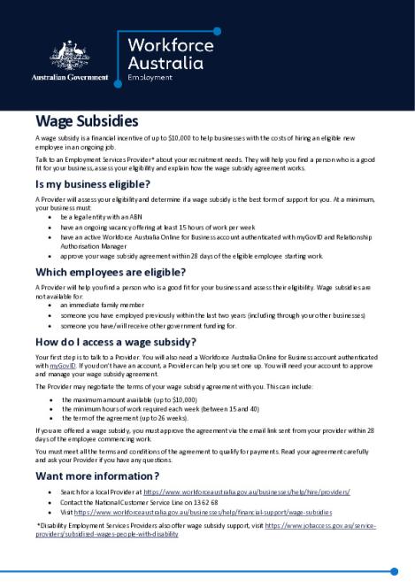 Wage Subsidies Employer Factsheet - Department of Employment and Workplace Relations, Australian ...